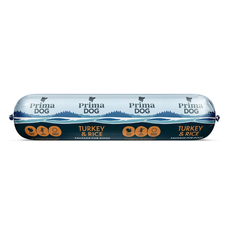PrimaDog Turkey & Rice Kalkkuna-riisi -makkara, 12 x 800 g
